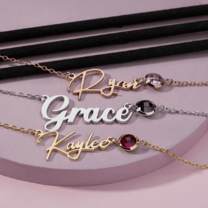Timeless Birthstone Name Necklace – Custom Nameplate Necklace with ...